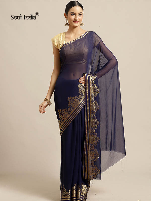 Chiffon Saree With Zari Work Border - Midnight Blue – Soul India